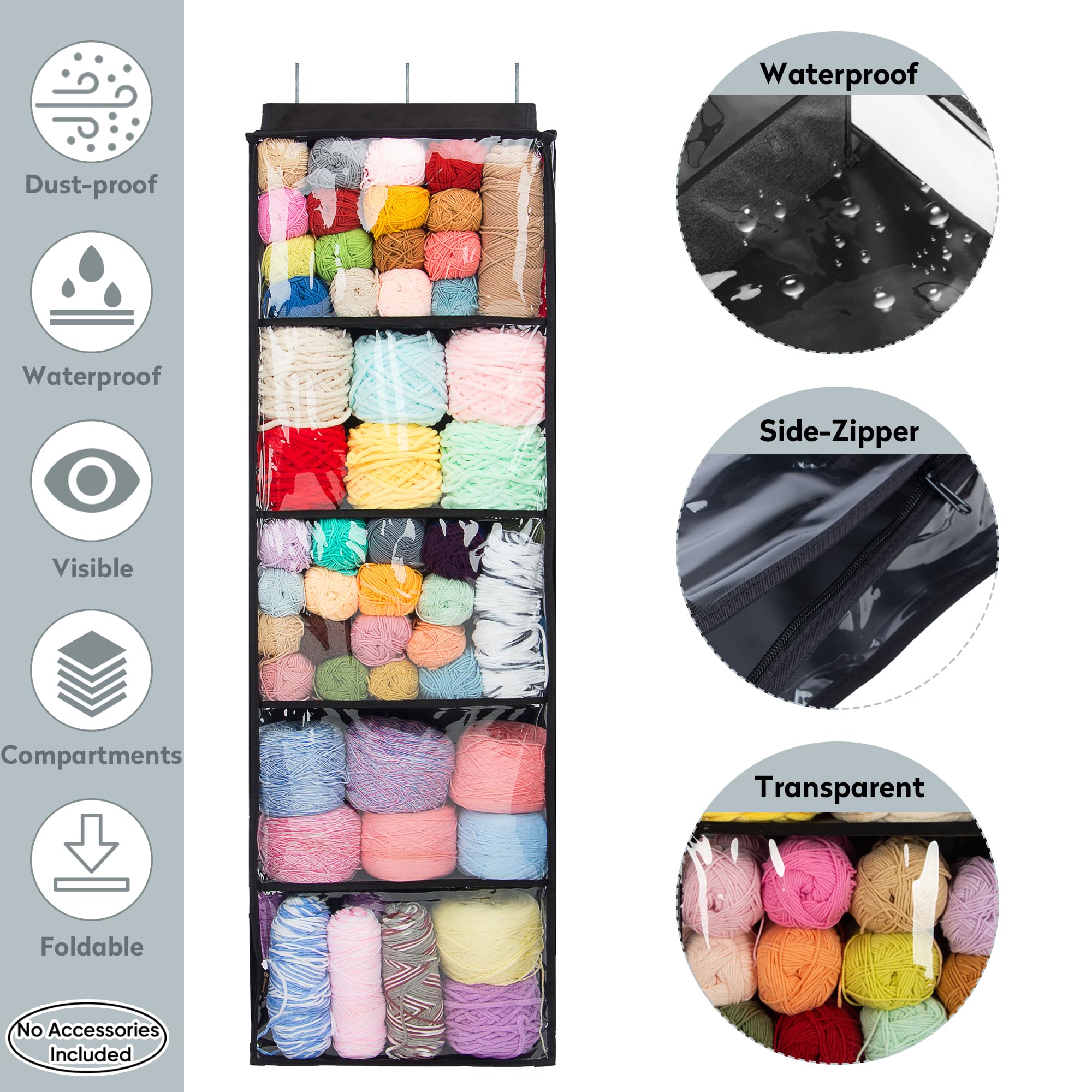 PACMAXI Hanging Yarn Storage Knitting Organizer Storage with 5 Compartments, Clear Wall Display Bulky Yarn Organizer for Knitting Needles, Crochet Hooks(Large Size) (black)