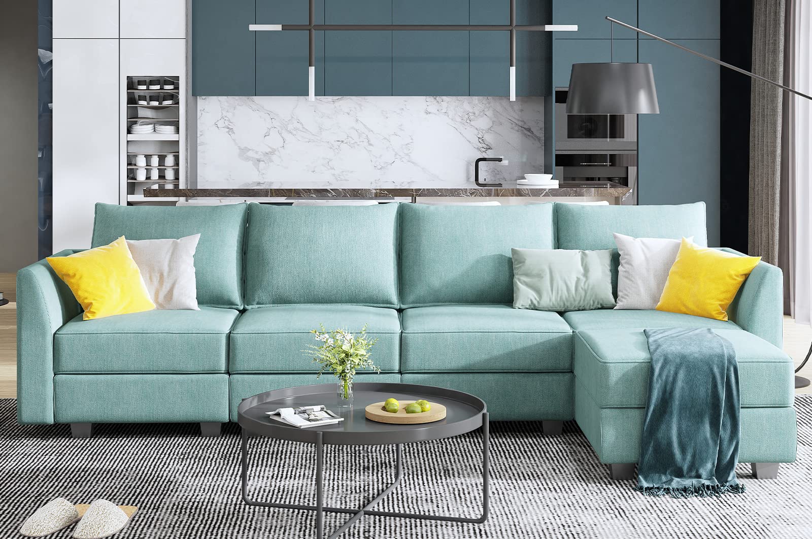 HONBAY Modular Sectional Couch with Reversible Chaise L-Shape Sofa 4-Seat Corner Couch Modular Sofa with Storage Seat, Bluish Grey