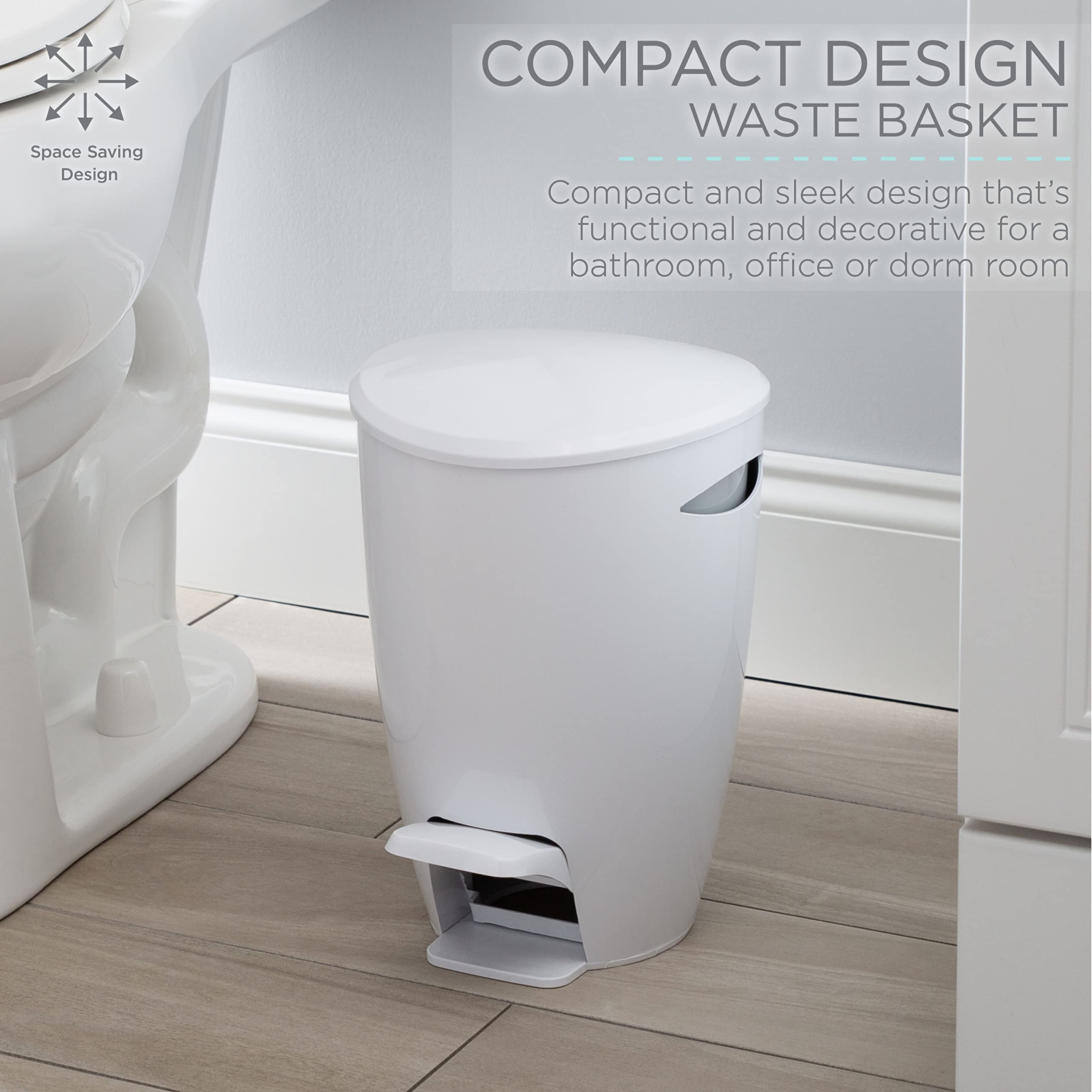 Bath Bliss 5 Liter Step Pedal Trash Bin | Soft Close Lid | Hands Free | Small Waste Basket | Garbage Can | Contemporary Design | Bathroom | Office | Dorm | White