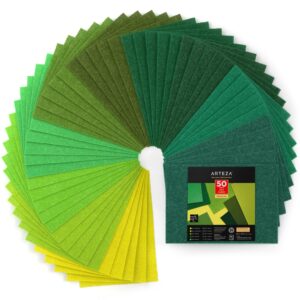 arteza green felt sheets, set of 50, 8.3 x 11.8 inches, 10 tones of craft felt, 20 soft and 30 stiff non woven felt fabric squares, 1.5mm and 1.3mm thick, sewing fabric for diy projects