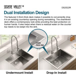 Serene Valley Stainless Steel Kitchen Sink,25-Inch Thick Deck Dual Mount, Single Bowl with Rear Drain, Heavy-Duty Grids DS2522R