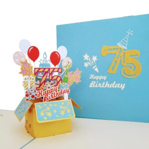 iGifts And Cards Happy 75th Blue Birthday Party Box 3D Pop Up Greeting Card – Seventy-Five, Awesome, Balloons, Unique, Celebration, Feliz Cumpleaños, Fun, Mom, Dad