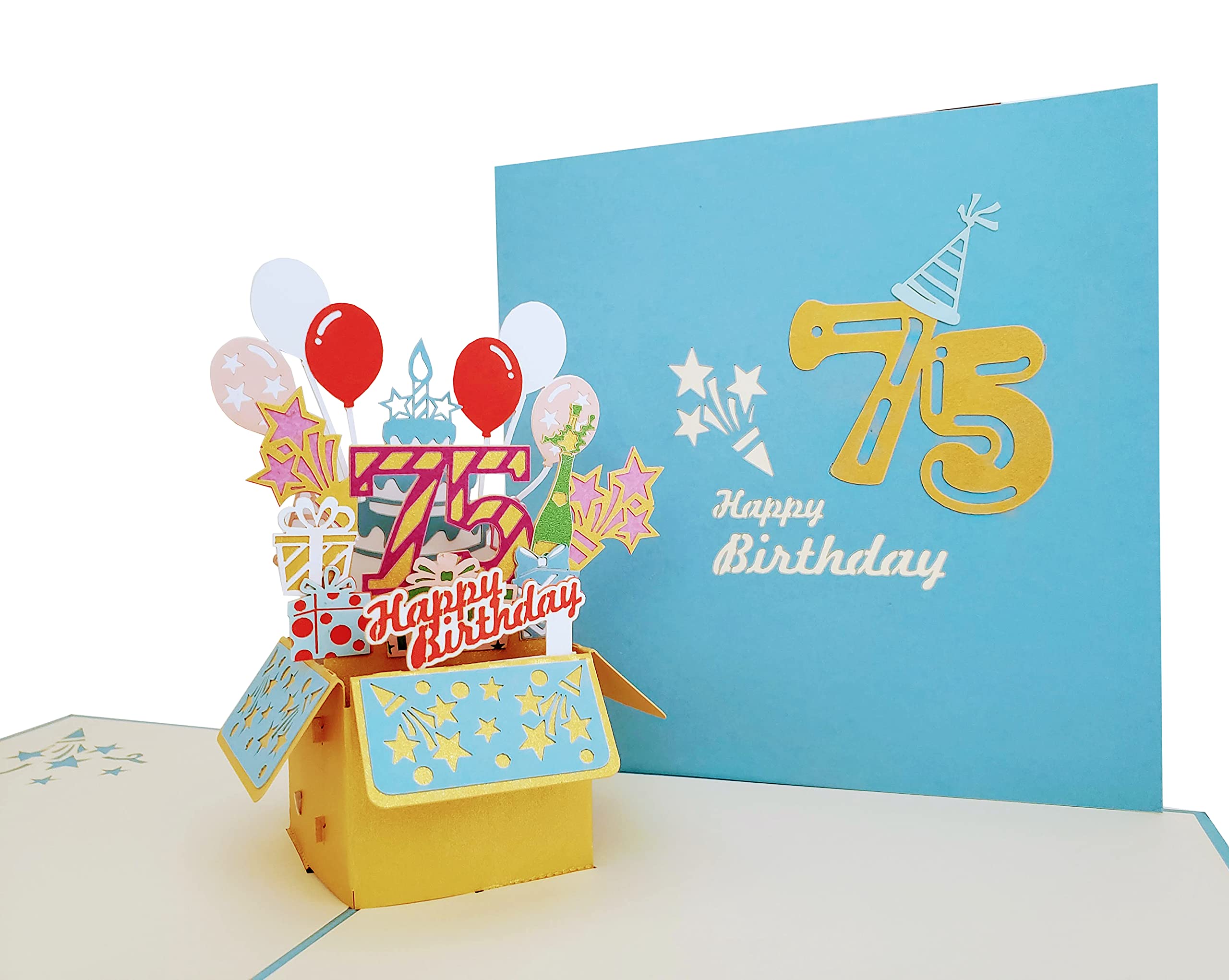 iGifts And Cards Happy 75th Blue Birthday Party Box 3D Pop Up Greeting Card – Seventy-Five, Awesome, Balloons, Unique, Celebration, Feliz Cumpleaños, Fun, Mom, Dad