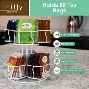 Nifty Tea Bag Spinning Carousel – 6 Compartments, Up to 60 Tea Bags Storage, Spins 360-Degrees, Lazy Susan Platform, Modern White Design, Home or Office Kitchen Counter Organizer