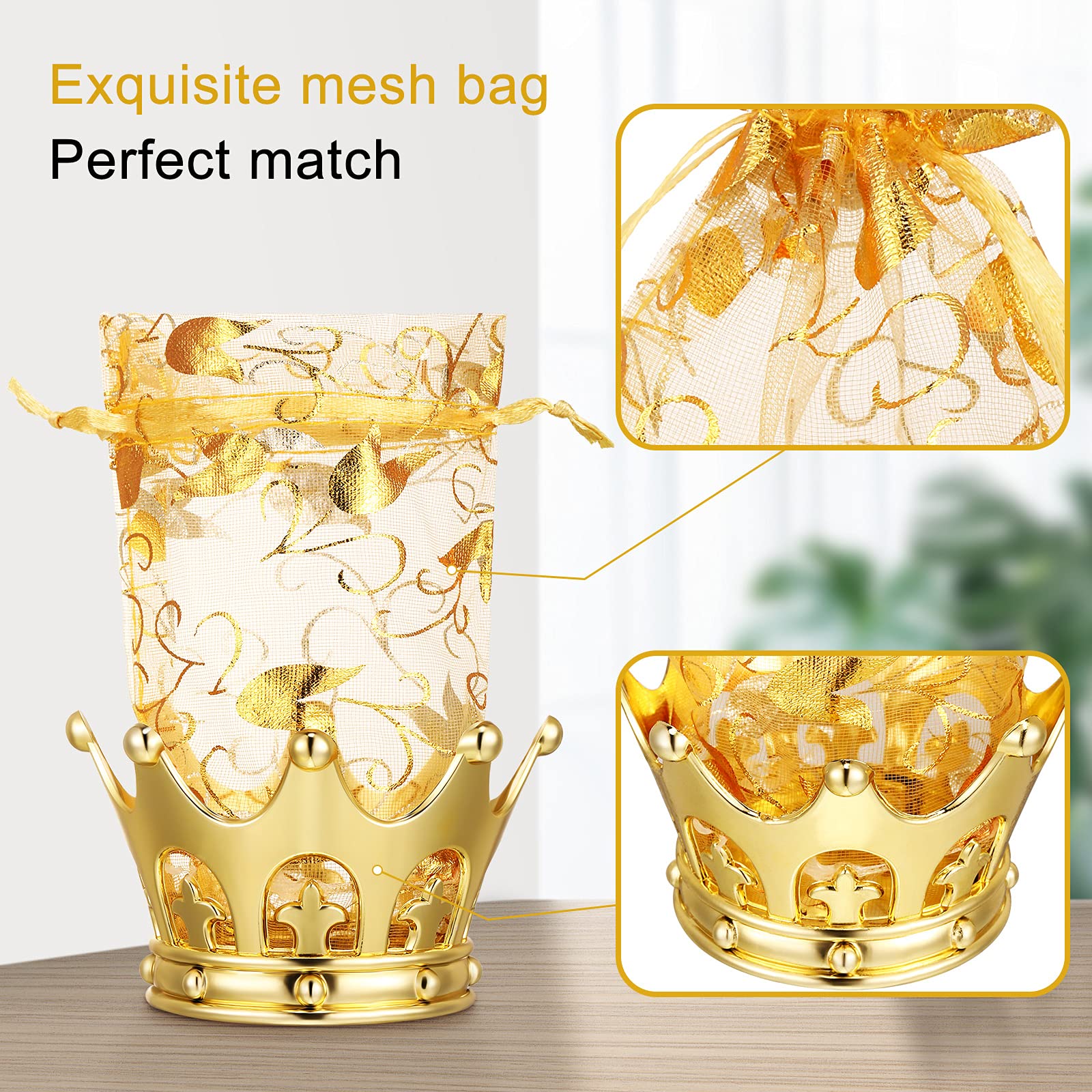 Gold Fillable Crown Goblet with Pouch for Candy Chocolate Cake Dessert Storage Decoration for Wedding Birthday Party(15 Pieces)