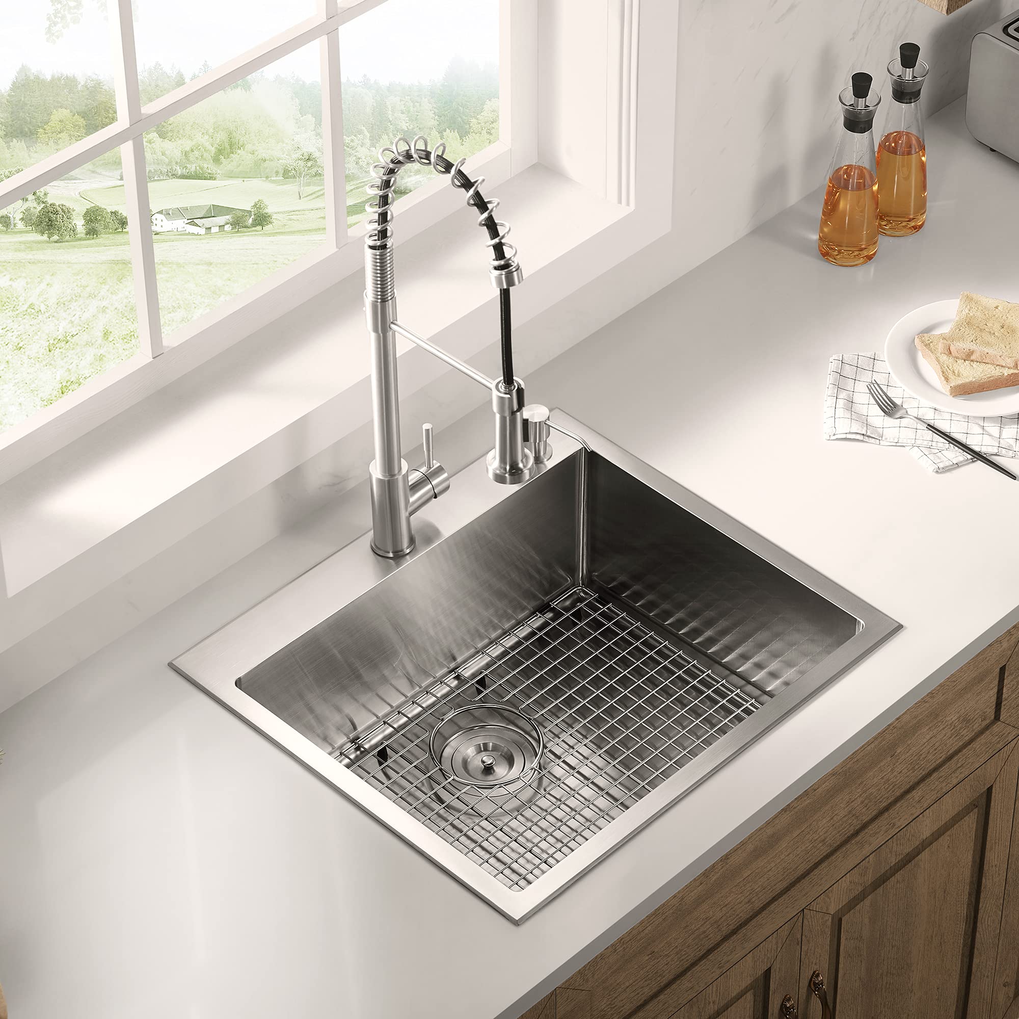 Serene Valley Stainless Steel Kitchen Sink,25-Inch Thick Deck Dual Mount, Single Bowl with Rear Drain, Heavy-Duty Grids DS2522R