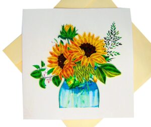 sunflowers arrangement in vase, quilled card, quilling card 3d,unique dedicated handmade, design greeting card for birthday, valentine's day, mothers day, spring, fathers day, all occasion,6"x6"