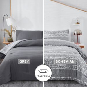 Atarashi Grey Comforter Set Queen, Soft Microfiber Reversible Gray Boho Down Alternative Comforter Set for Queen Bed- 3 Pieces (1 Solid Comforter + 2 Pillowcases), Bedding Duvet Set 90"x 90"