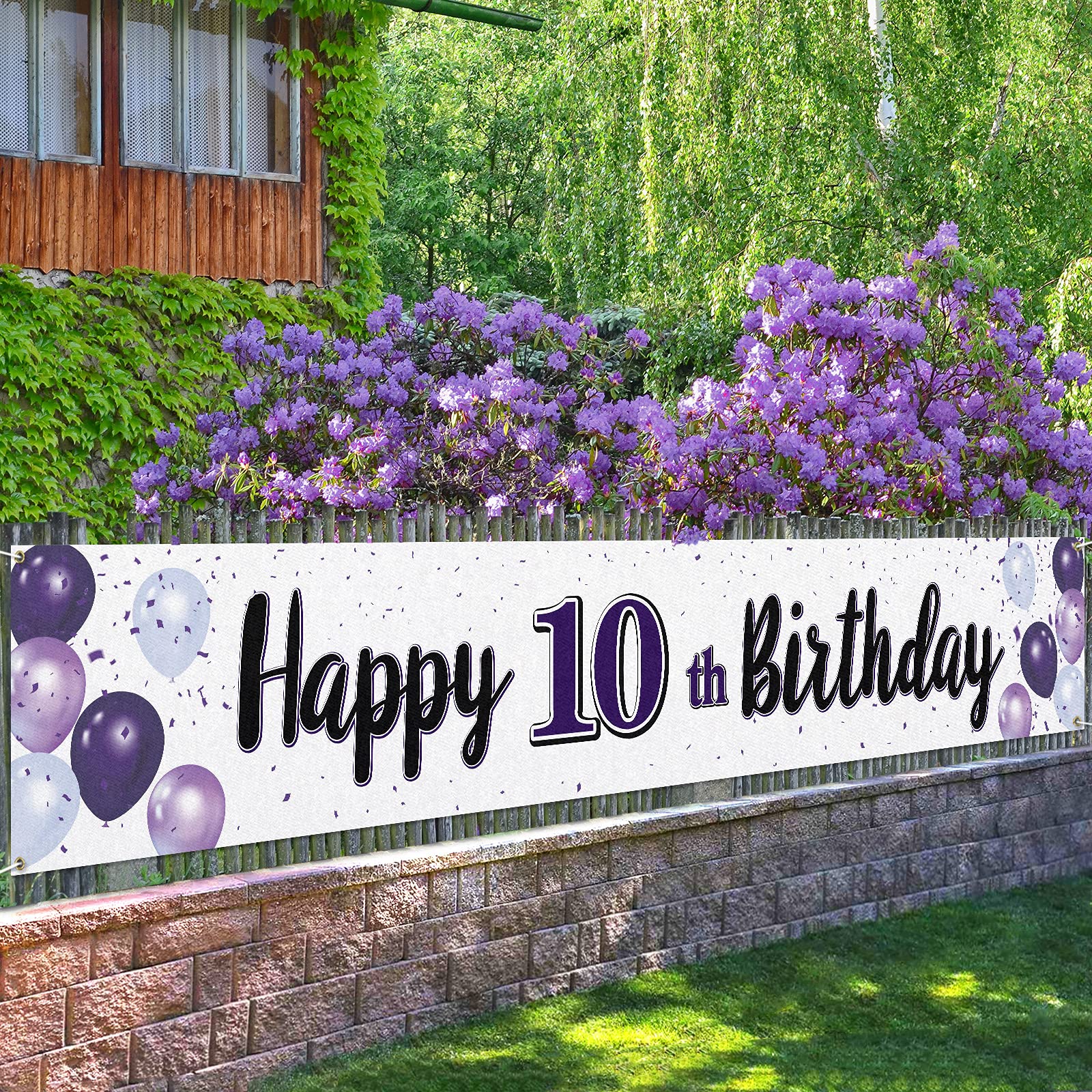 LASKYER Happy 10th Birthday Decorations,10th Purple Balloon Large Birthday Hanging Banner Sign,Cheers to Ten Years Old Bday Party Supplies.