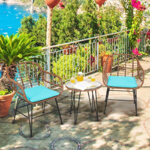 HAPPYGRILL 3 PCS Patio Bistro Set PE Rattan Wicker Armchairs and Coffee Table Set with Cushions for Garden Backyard Balcony Poolside