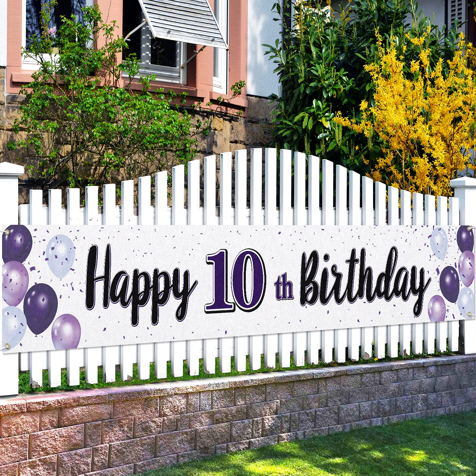 LASKYER Happy 10th Birthday Decorations,10th Purple Balloon Large Birthday Hanging Banner Sign,Cheers to Ten Years Old Bday Party Supplies.