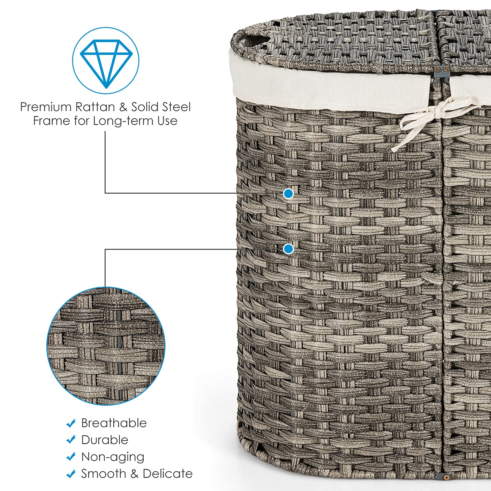 Giantex Double Laundry Hamper with Lid, Oval Laundry Basket with 2 Removable Liner Bags, Portable Handwoven Clothes Sorter Bin for Living Room Bedroom Laundry (Gray)