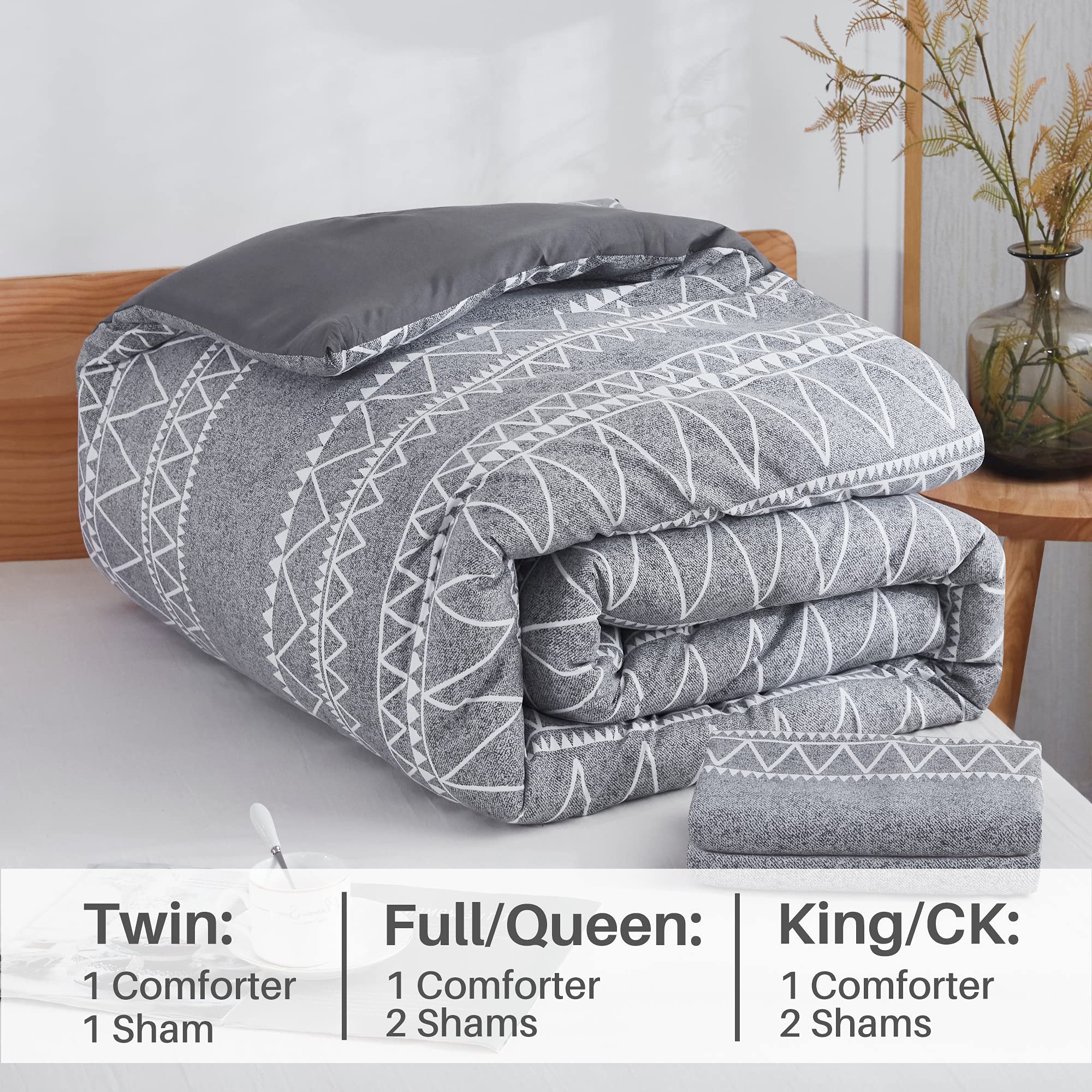 Atarashi Grey Comforter Set Queen, Soft Microfiber Reversible Gray Boho Down Alternative Comforter Set for Queen Bed- 3 Pieces (1 Solid Comforter + 2 Pillowcases), Bedding Duvet Set 90"x 90"