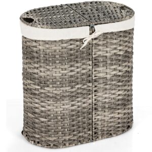 giantex double laundry hamper with lid, oval laundry basket with 2 removable liner bags, portable handwoven clothes sorter bin for living room bedroom laundry (gray)