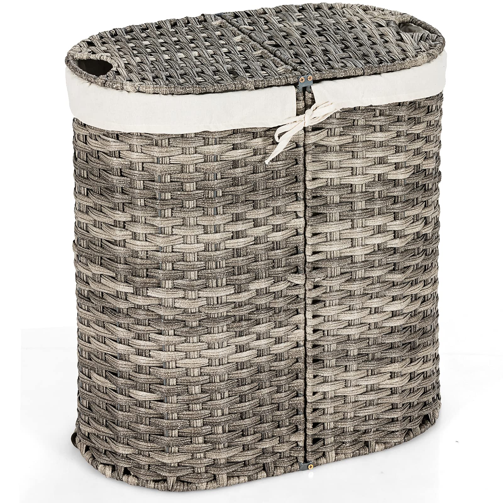 Giantex Double Laundry Hamper with Lid, Oval Laundry Basket with 2 Removable Liner Bags, Portable Handwoven Clothes Sorter Bin for Living Room Bedroom Laundry (Gray)