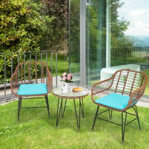 HAPPYGRILL 3 PCS Patio Bistro Set PE Rattan Wicker Armchairs and Coffee Table Set with Cushions for Garden Backyard Balcony Poolside