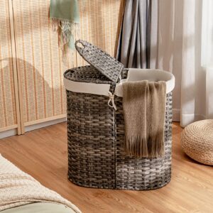 Giantex Double Laundry Hamper with Lid, Oval Laundry Basket with 2 Removable Liner Bags, Portable Handwoven Clothes Sorter Bin for Living Room Bedroom Laundry (Gray)