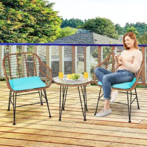 HAPPYGRILL 3 PCS Patio Bistro Set PE Rattan Wicker Armchairs and Coffee Table Set with Cushions for Garden Backyard Balcony Poolside