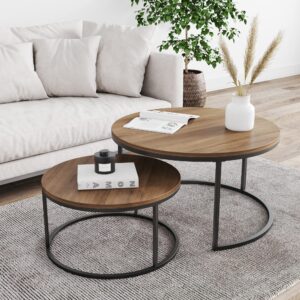 nathan james stella round modern nesting coffee (set of 2), stacking living room accent tables with tabletops and matte metal frame, reclaimed oak/gunmetal