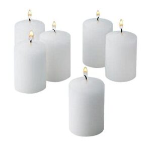 aura decor 2x2inch high pillar candles, set of 6. white, unscented. bulk buy, using a wax blend. ideal for wedding, emergency lanterns, spa, aromatherapy, party, reiki, candle gardens