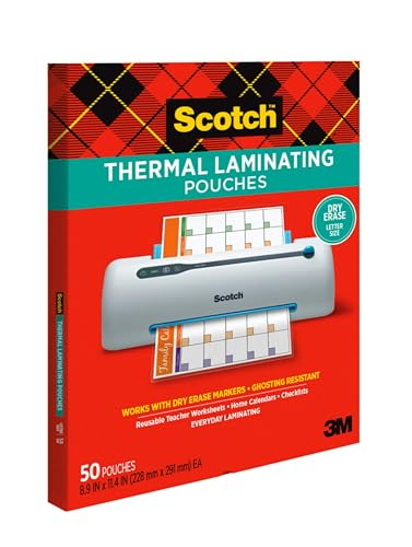 Scotch Dry Erase Thermal Laminating Pouches, 50-Pack, Works with Dry Erase Markers, Reuseable Worksheets, Calendars, Checklists, 8.9 x 11.4 Inches, Letter Size, Clear Professional Finish (TP3854-50DE)