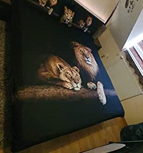 Holiyjog Lion Duvet/Quilt Cover Sets Black Linens Bed Pillow Shams King Queen Twin Full Size Boys Kids Animal Bed Set Home Textile (Queen, 004)