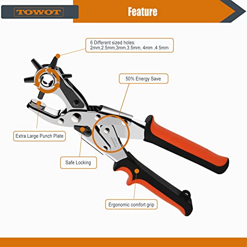 TOWOT Belt Hole Puncher Kit, Upgraded Version Leather Hole Punch for Belt, Saddles, Shoes, Fabric, DIY & Craft Projects, 6 Holes Heavy Duty Rotary Puncher, Easily Punches Perfect Round Holes