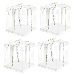 Clear Cake Box,4 Pcs Transparent Cake Box with Ribbon for Pastries10" X 10" X 9"-Clear Tall Cake Box- Clear Gift Boxes with Lid for Wedding Party and Gift Display (White-4 Set)