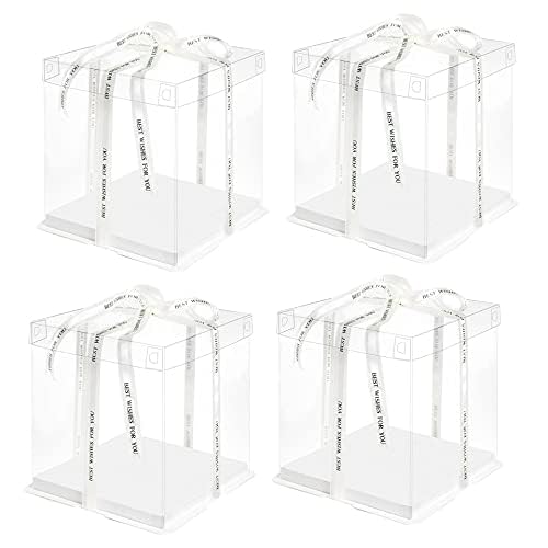 Clear Cake Box,4 Pcs Transparent Cake Box with Ribbon for Pastries10" X 10" X 9"-Clear Tall Cake Box- Clear Gift Boxes with Lid for Wedding Party and Gift Display (White-4 Set)