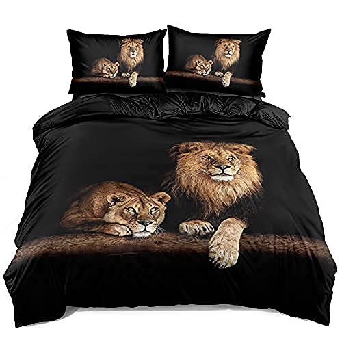 Holiyjog Lion Duvet/Quilt Cover Sets Black Linens Bed Pillow Shams King Queen Twin Full Size Boys Kids Animal Bed Set Home Textile (Queen, 004)