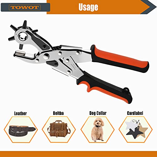 TOWOT Belt Hole Puncher Kit, Upgraded Version Leather Hole Punch for Belt, Saddles, Shoes, Fabric, DIY & Craft Projects, 6 Holes Heavy Duty Rotary Puncher, Easily Punches Perfect Round Holes