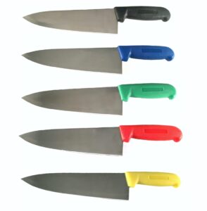 cozzini cutlery imports 8" chef knife assorted colors and packs - razor sharp commercial kitchen cutlery - cook's knives (mixed - 1 of each color)