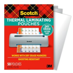 scotch dry erase thermal laminating pouches, 50-pack, works with dry erase markers, reuseable worksheets, calendars, checklists, 8.9 x 11.4 inches, letter size, clear professional finish (tp3854-50de)