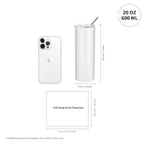 PYD Life 12 Pack Sublimation Tumblers Blanks Skinny White 20 OZ Straight Bulk Stainless Steel Tumbler with Metal Straw and Lid for Tumbler Heat Press Machine Sublimation Print