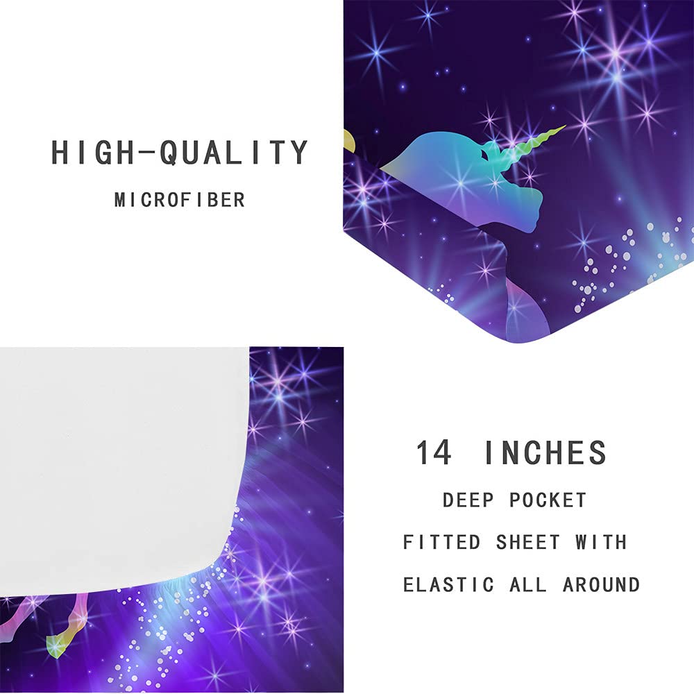 Mkikejoy Dreamy Unicorn Full Size Sheet Sets for Girls Fitted Sheet and Pillowcase Unicorn Stars Fitted Sheet Set Kids Teens 3 Piece Bedroom Decorative