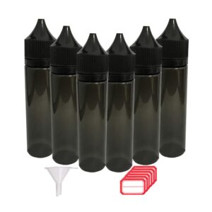 squeezable 60ml empty drop bottle food grade pet transparent black plastic bottle with childproof tampering black cap with funnel sticker labels (6 pack)