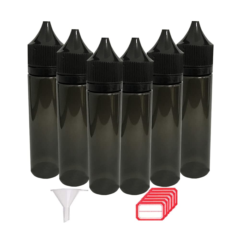 Squeezable 60ml Empty Drop Bottle Food Grade PET Transparent Black Plastic Bottle with Childproof Tampering Black Cap with Funnel Sticker Labels (6 Pack)