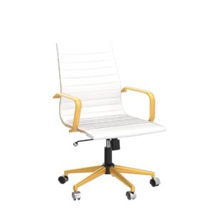 COROCC Office Desk Chair Modern Conference Room Task Chairs Leather Computer Swivel Excutive Ribbed Ergonomic Rolling Chair for Bed Room White and Gold Chair