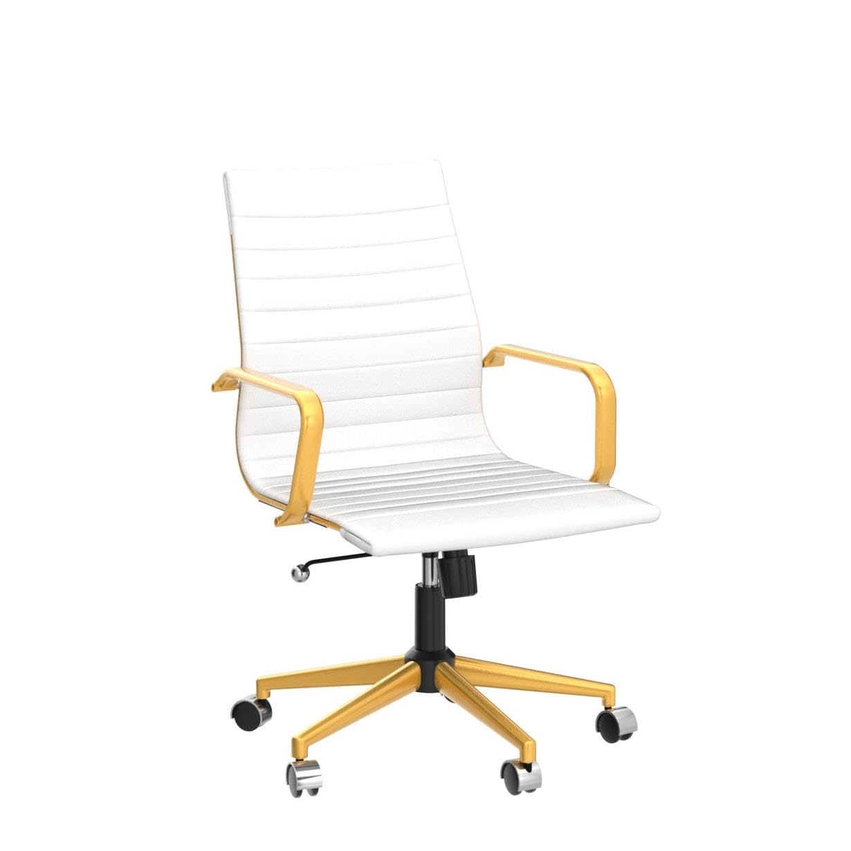 COROCC Office Desk Chair Modern Conference Room Task Chairs Leather Computer Swivel Excutive Ribbed Ergonomic Rolling Chair for Bed Room White and Gold Chair