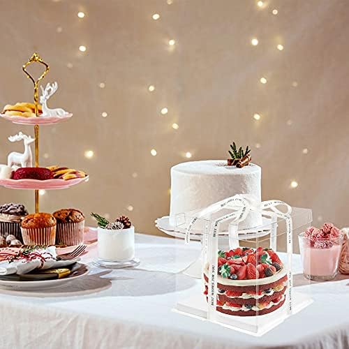 Clear Cake Box,4 Pcs Transparent Cake Box with Ribbon for Pastries10" X 10" X 9"-Clear Tall Cake Box- Clear Gift Boxes with Lid for Wedding Party and Gift Display (White-4 Set)