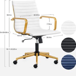 COROCC Office Desk Chair Modern Conference Room Task Chairs Leather Computer Swivel Excutive Ribbed Ergonomic Rolling Chair for Bed Room White and Gold Chair