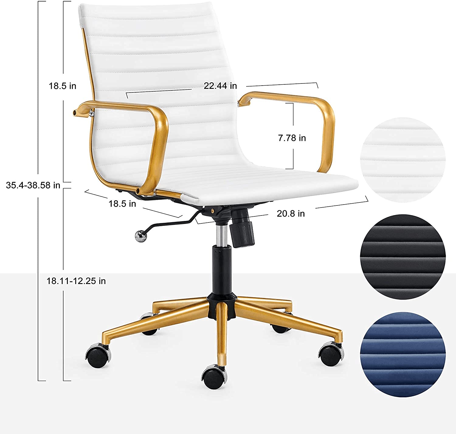 COROCC Office Desk Chair Modern Conference Room Task Chairs Leather Computer Swivel Excutive Ribbed Ergonomic Rolling Chair for Bed Room White and Gold Chair