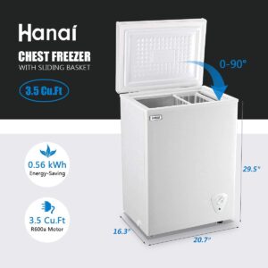 Chest Freezer Small Deep Freezer 3.5 Cu.Ft Mini Freezer White Free-Standing Top Door Freezer Adjustable 7 Thermostat and Removable Basket Open Deep Freezer Energy Saving Apartment Kitchen Business