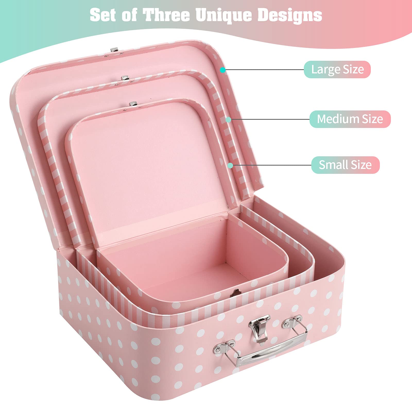 Anndason Set of 3 Paperboard Suitcases Storage Box Storage for Photo Storage Home Decoration, Wedding, Birthday, Anniversary and New Year Gift Decoration (3Pcs, Pink Dots and Stripes)