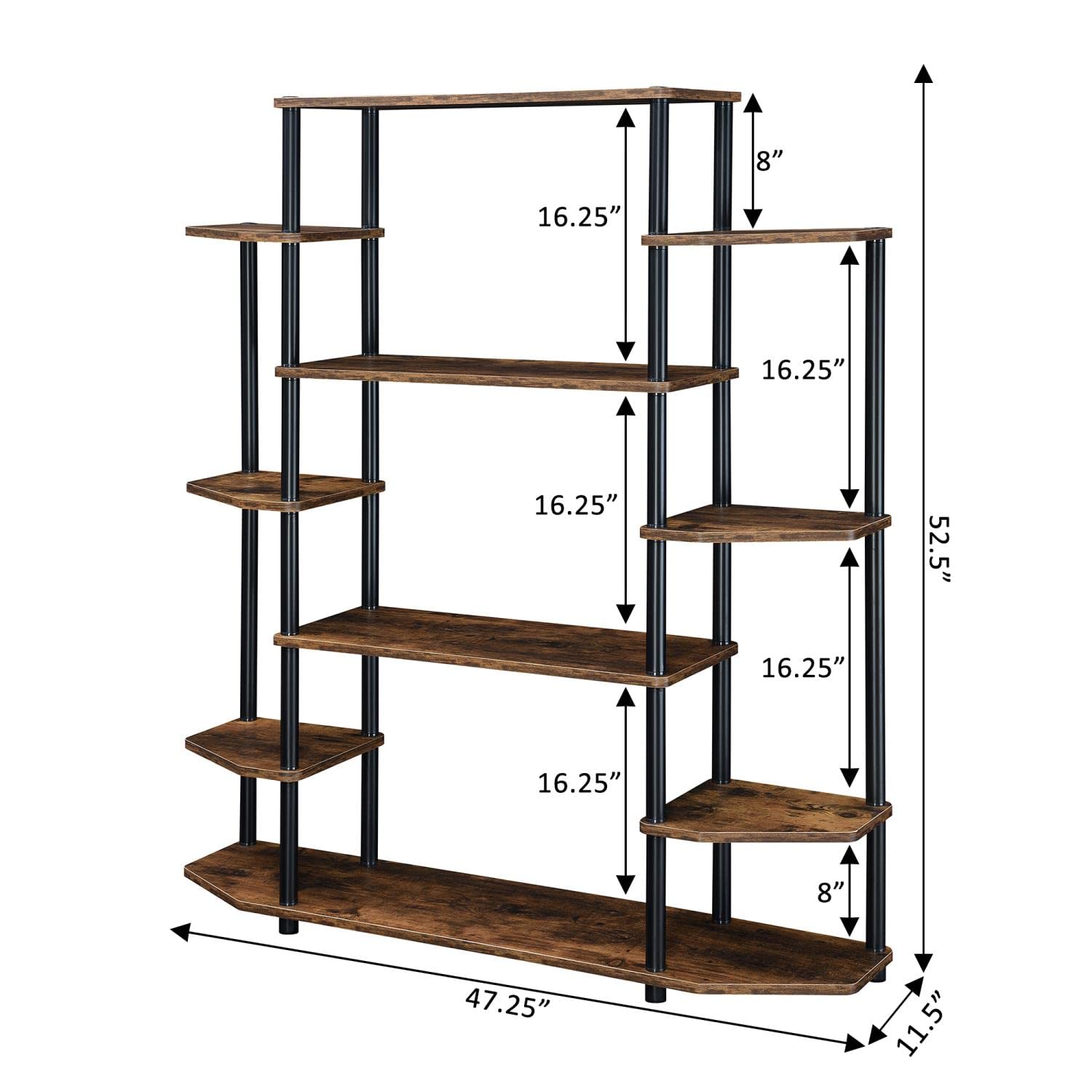 Convenience Concepts Designs2Go No Tools Book Shelf - Contemporary Storage Shelves for Display, 10 Spacious Shelves for Living Room, Office, Barnwood/Black Poles