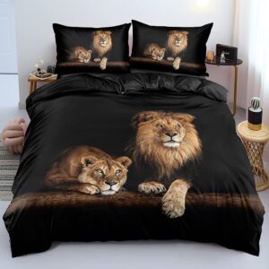 holiyjog lion duvet/quilt cover sets black linens bed pillow shams king queen twin full size boys kids animal bed set home textile (queen, 004)