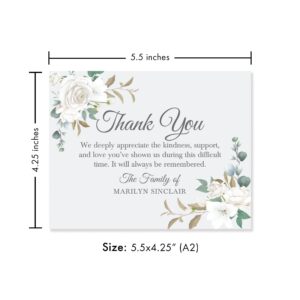 Hello Love Goods White Floral Sympathy Thank You Cards, Funeral Thank You Cards, Personalized Bereavement Notes with Envelopes, 5.5x4.25 Flat Notecards