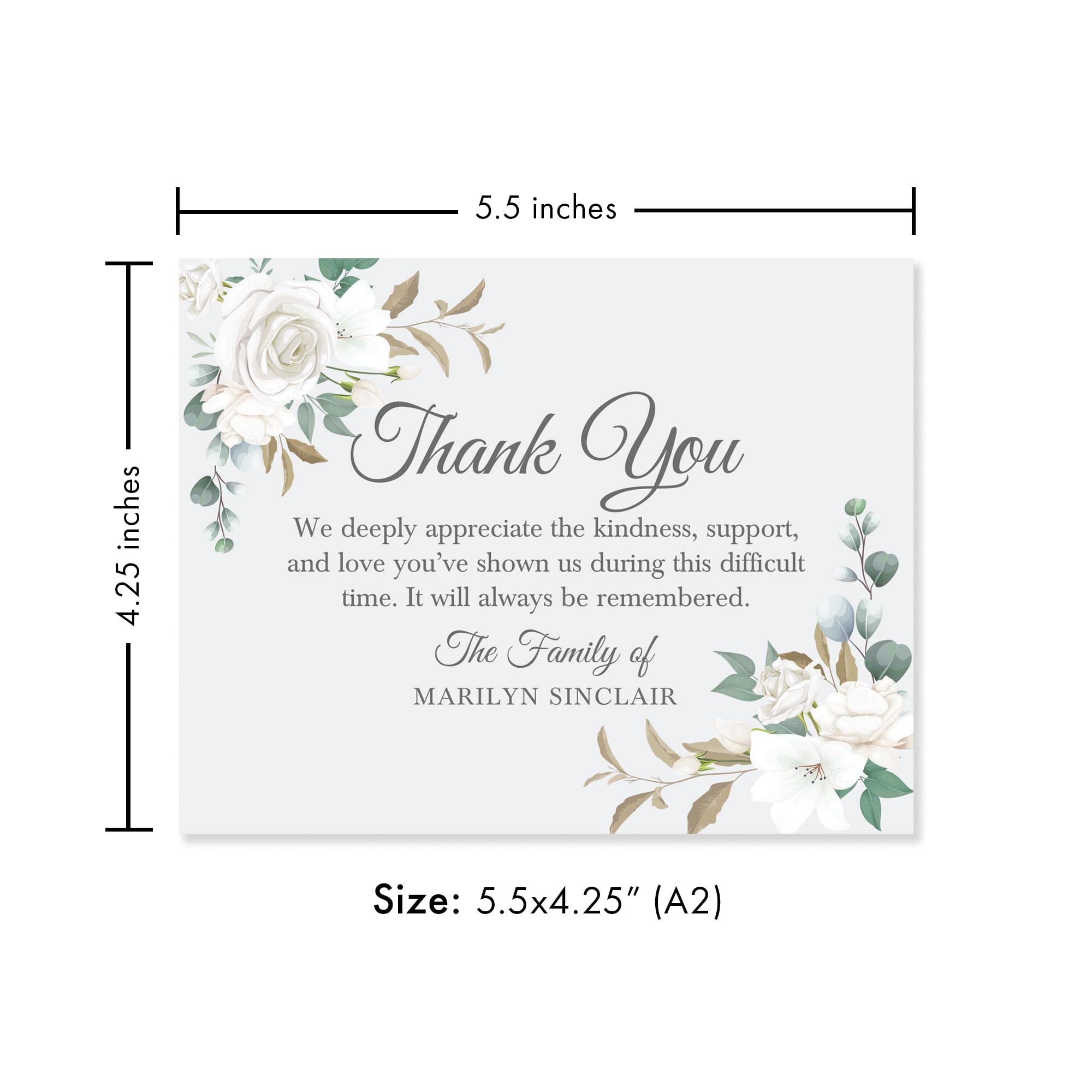 Hello Love Goods White Floral Sympathy Thank You Cards, Funeral Thank You Cards, Personalized Bereavement Notes with Envelopes, 5.5x4.25 Flat Notecards