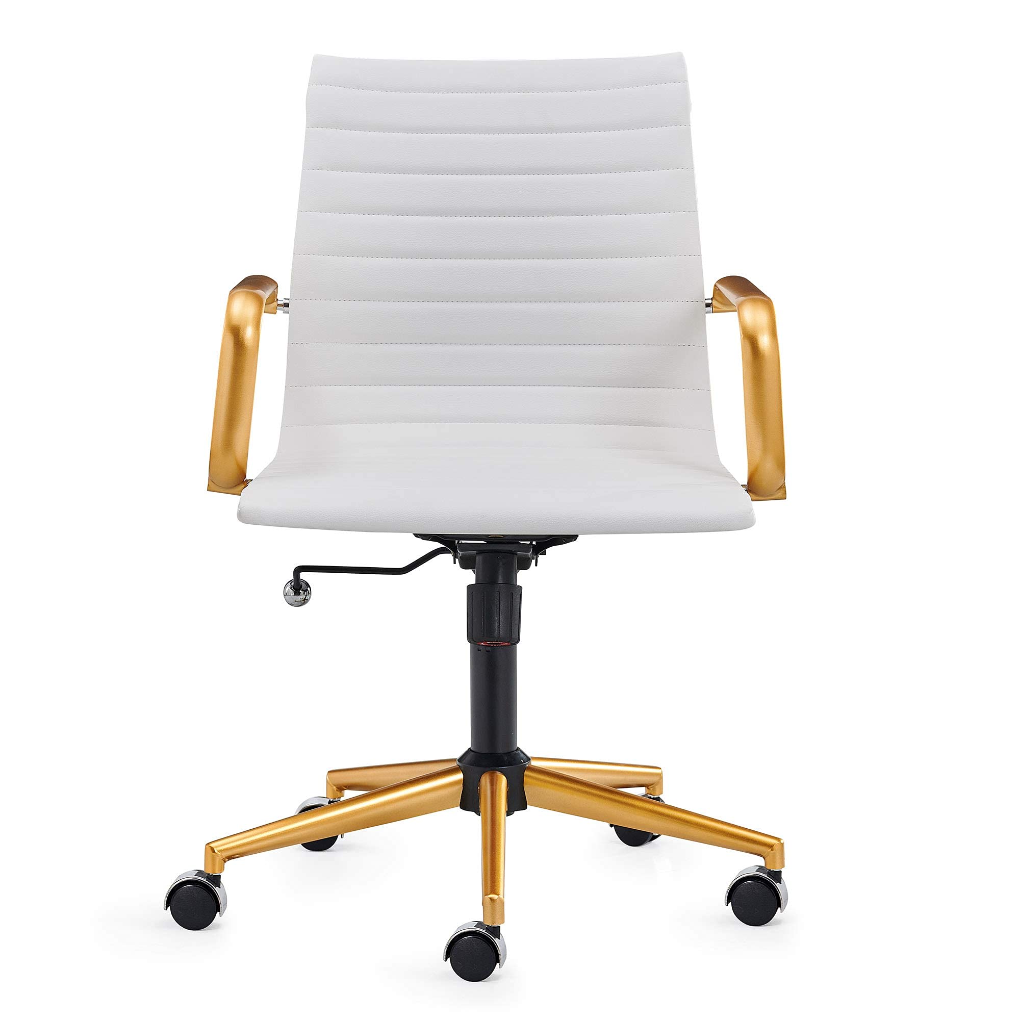 COROCC Office Desk Chair Modern Conference Room Task Chairs Leather Computer Swivel Excutive Ribbed Ergonomic Rolling Chair for Bed Room White and Gold Chair