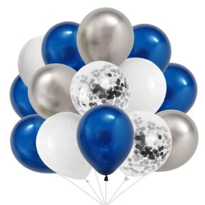 124pcs Blue Silver White Balloons Garland Arch Kit 5/10/12/18 Inch Royal Navy Blue White Metallic Silver Confetti Set for Birthday Wedding Graduation Party Father's Day Decor